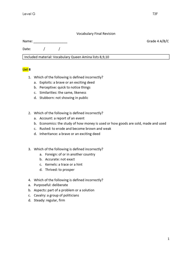 Level G Vocabulary Final Revision AY2425 | PDF