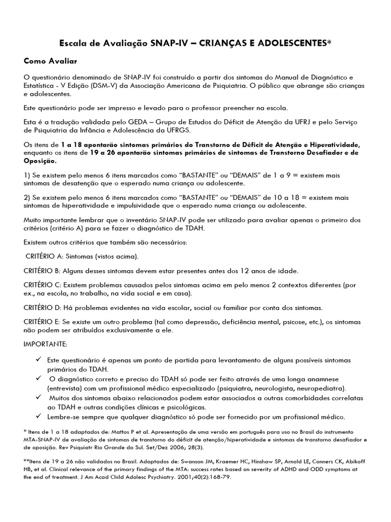Avaliação SNAP-IV para TDAH em Jovens | PDF | Transtorno de déficit de ...
