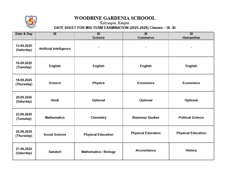 Mid Term Date Sheet SW 2025-26 - IX & XI-1 | PDF