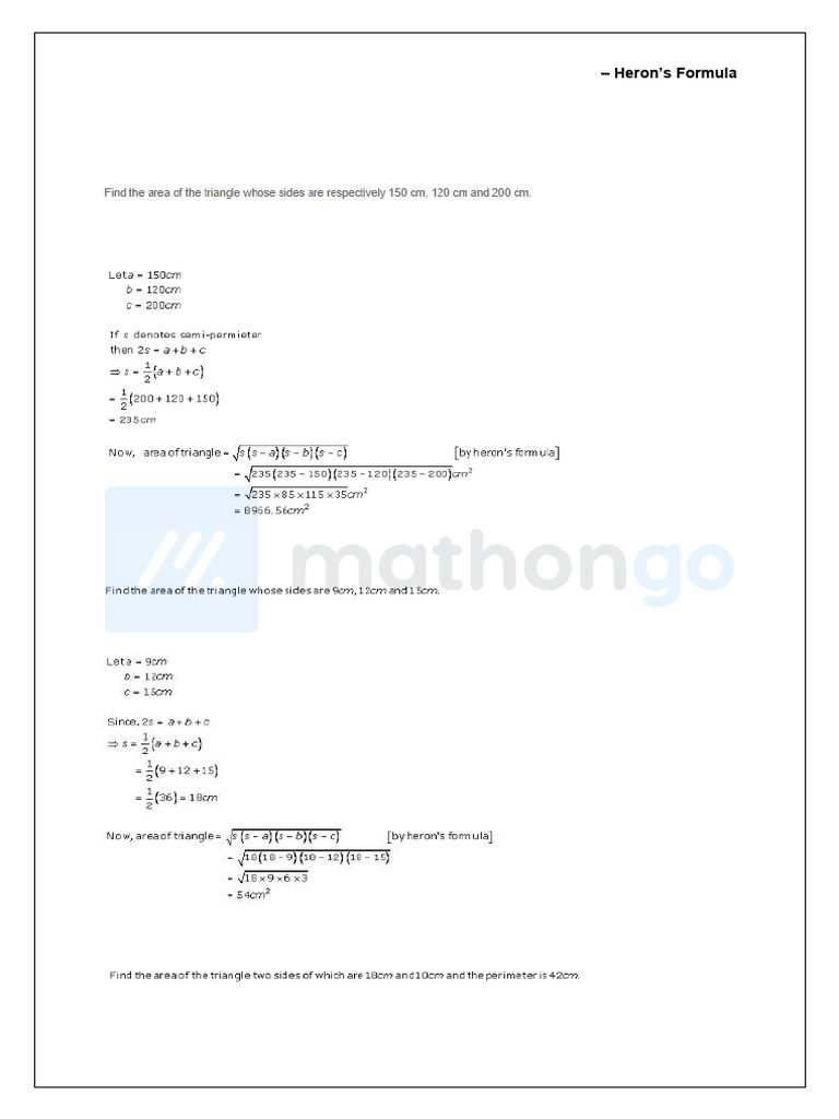 Class 9 Heron's Formula Solutions | PDF