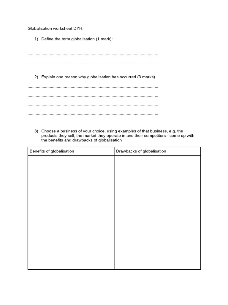 Globalisation Worksheet Overview | PDF