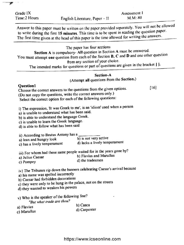 Icse Class 9 Assessment 1 English Literature p2 230924 2024 | PDF