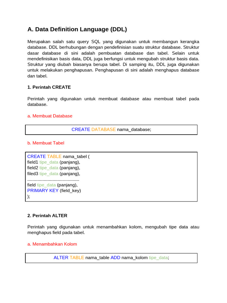 KD 3.4 Memahami Kelompok Perintah Yang Termasuk Dalam DDL, DML Dan DCL Dalam Basis Data | PDF