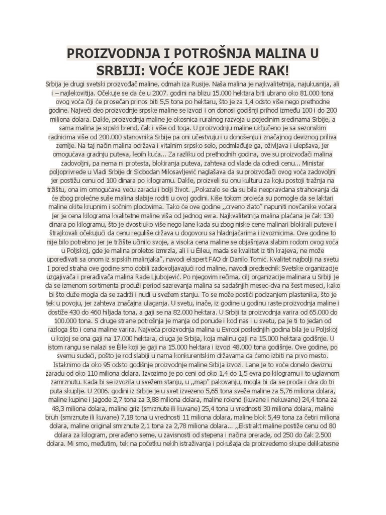 Proizvodnja I Potrošnja Malina U Srbiji | PDF