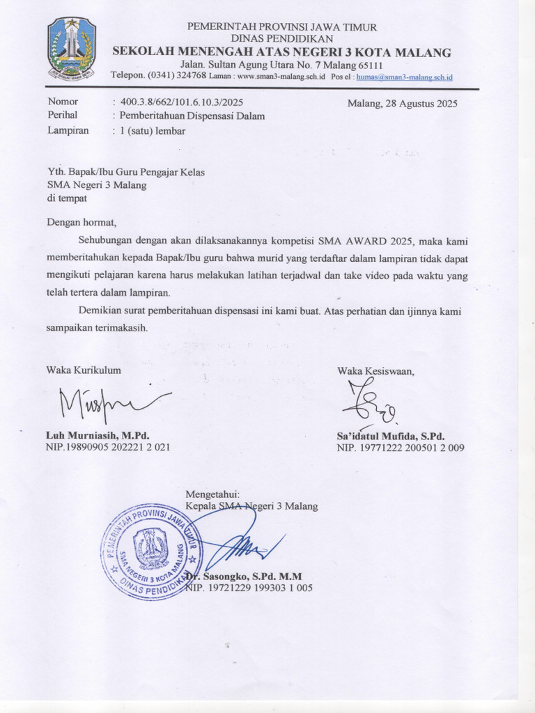 Surat Dispen Dalam SMA AWARDS | PDF