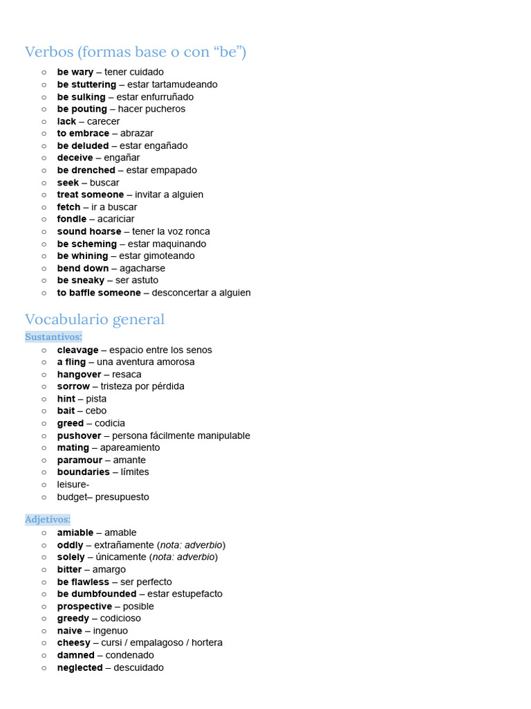 Verbos y vocabulario en inglés | PDF