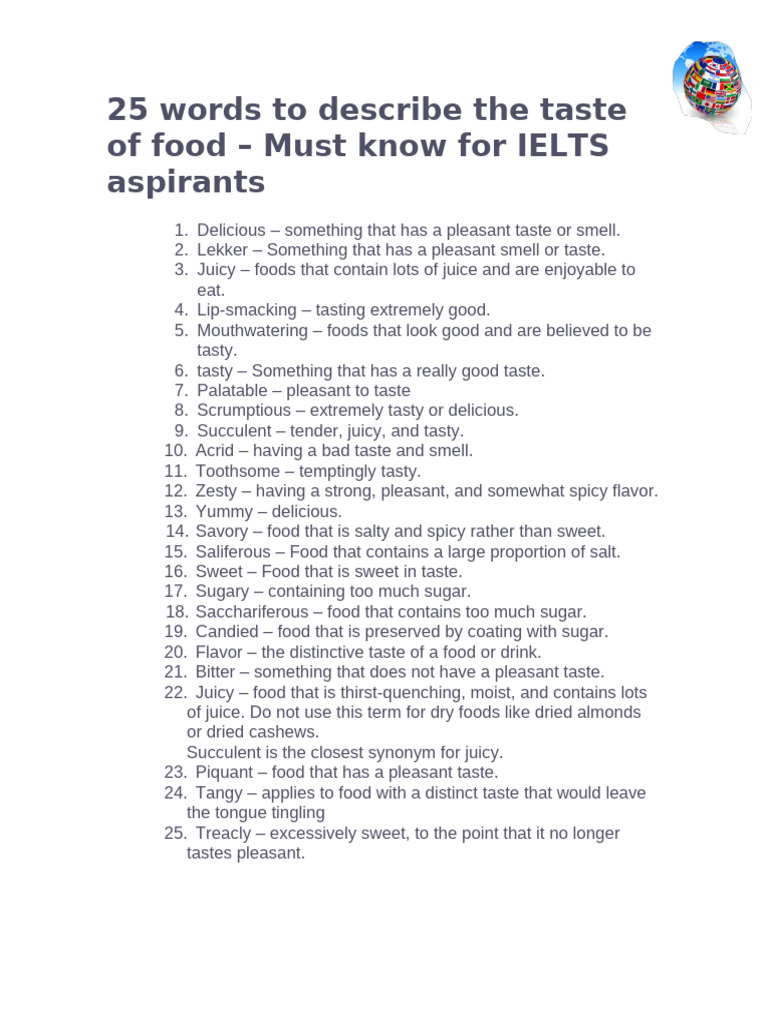 25 Words To Describe The Taste of Food - Unit 2 | PDF