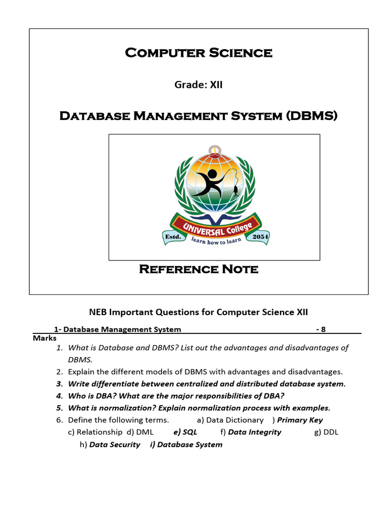 UNIT 1 Database Management System DBMS - XII | PDF | Databases | Database Index