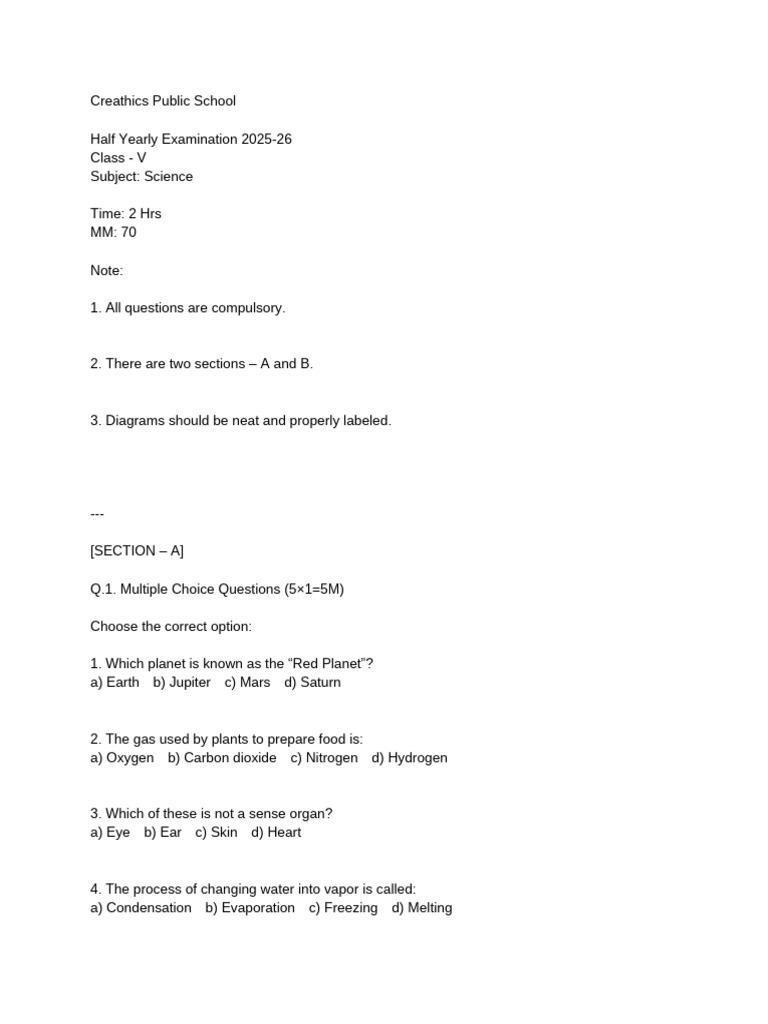 Class 5 Science Half Yearly Exam 2025 | PDF