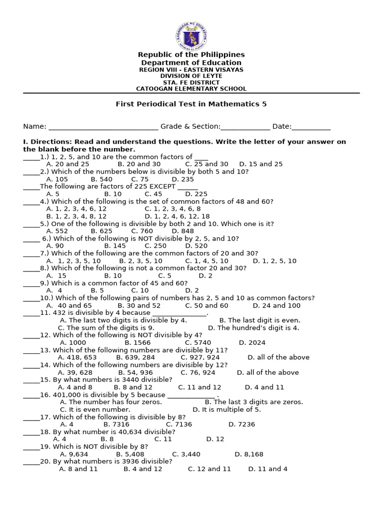 1st Quarter Test in Math | PDF | Mathematics