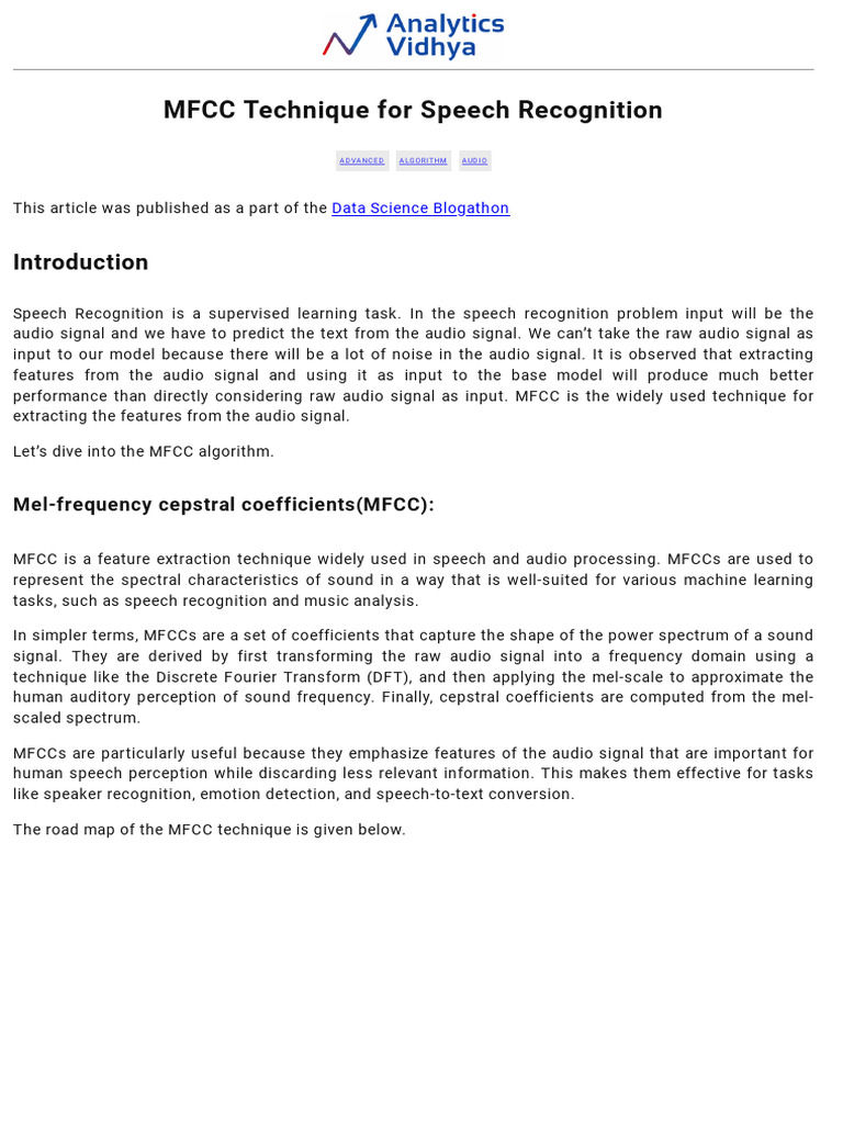 MFCC Technique For Speech Recognition | PDF | Discrete Fourier Transform | Sound