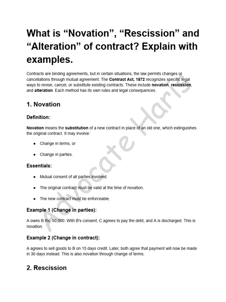 What is “Novation”, “Rescission” and “Alteration” of Contract_ Explain ...