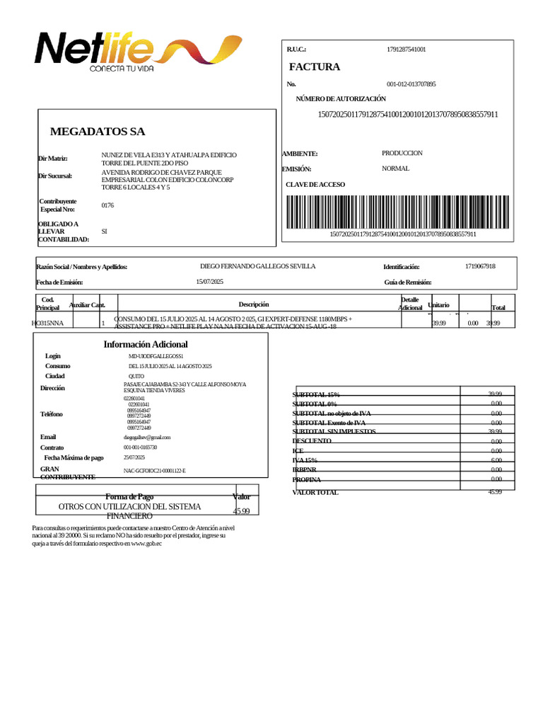 Factura - 001 012 013707895 - 15 Jul 25 | PDF | Impuestos | Finanzas del gobierno