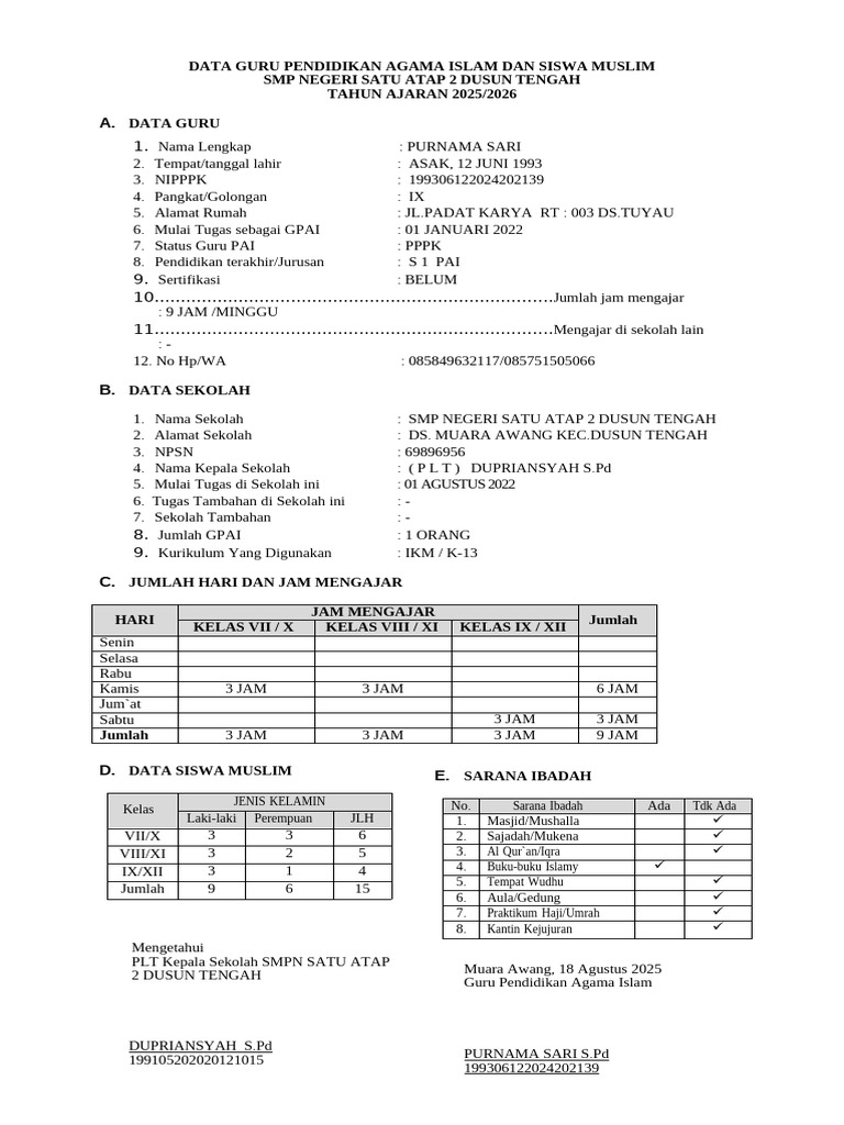 Data Guru dan Siswa PAI SMPN 2 Dusun Tengah | PDF