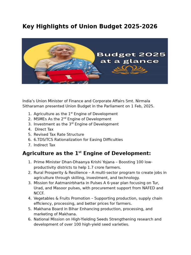 Union Budget 2025-2026 Key Highlights | PDF | Taxes | Economies