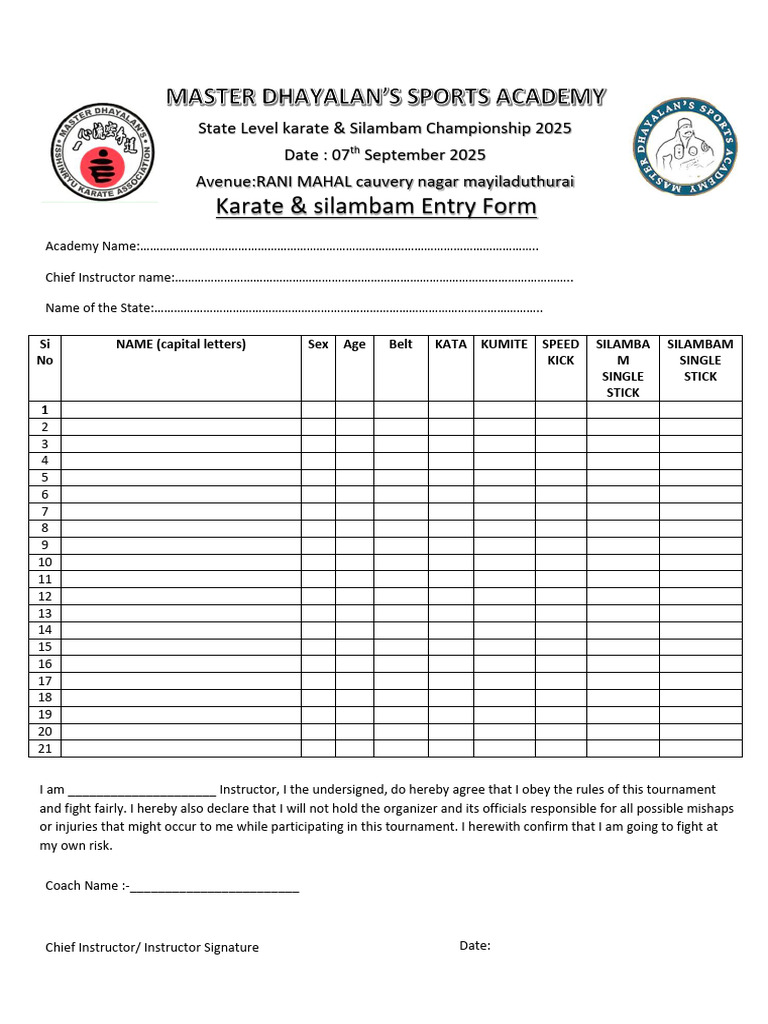 State Level Karate & Silambam Entry Form | PDF