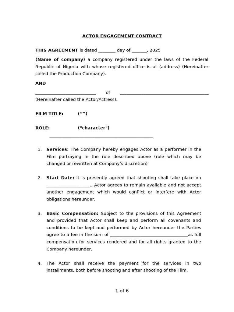 Actor Engagement Contract Template | PDF | Justice | Crime & Violence