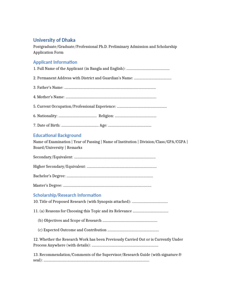University of Dhaka PHD Application Form English | PDF | Doctor Of Philosophy | Postgraduate ...