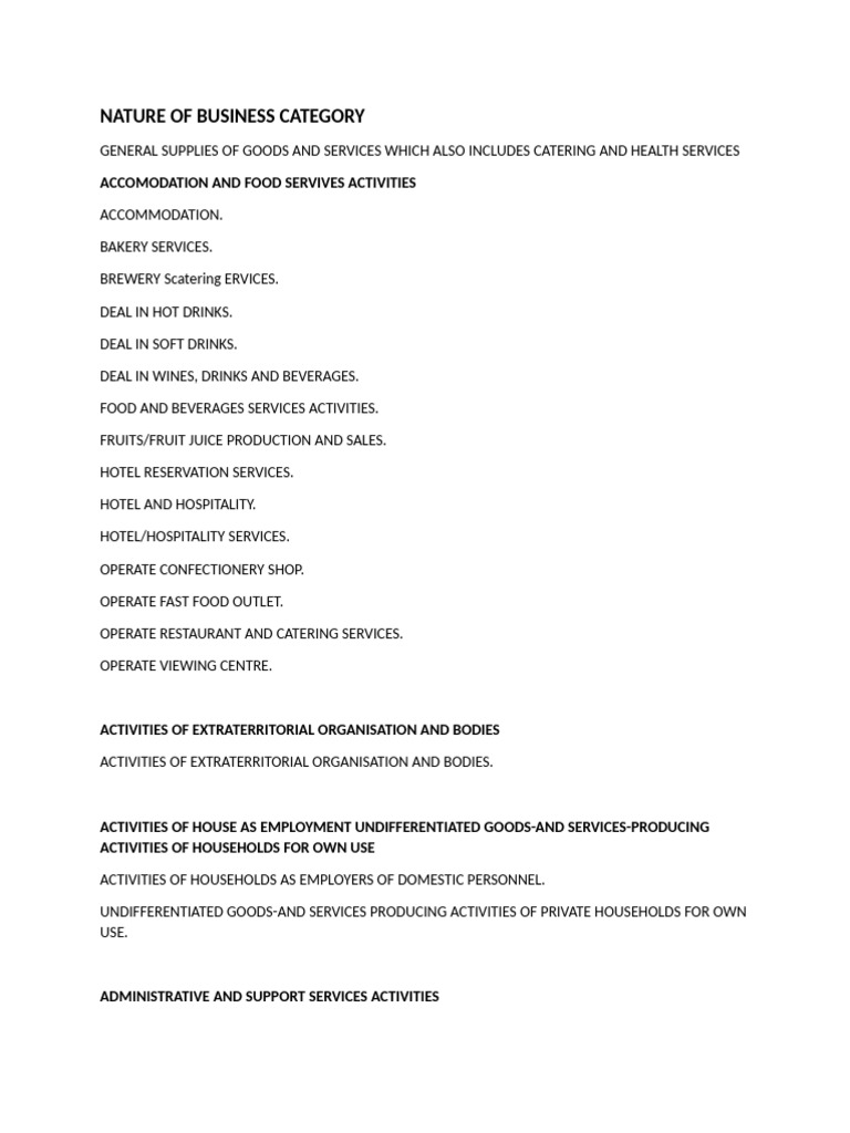 CAC Nature of Business Categories List | PDF | Mining | Transport