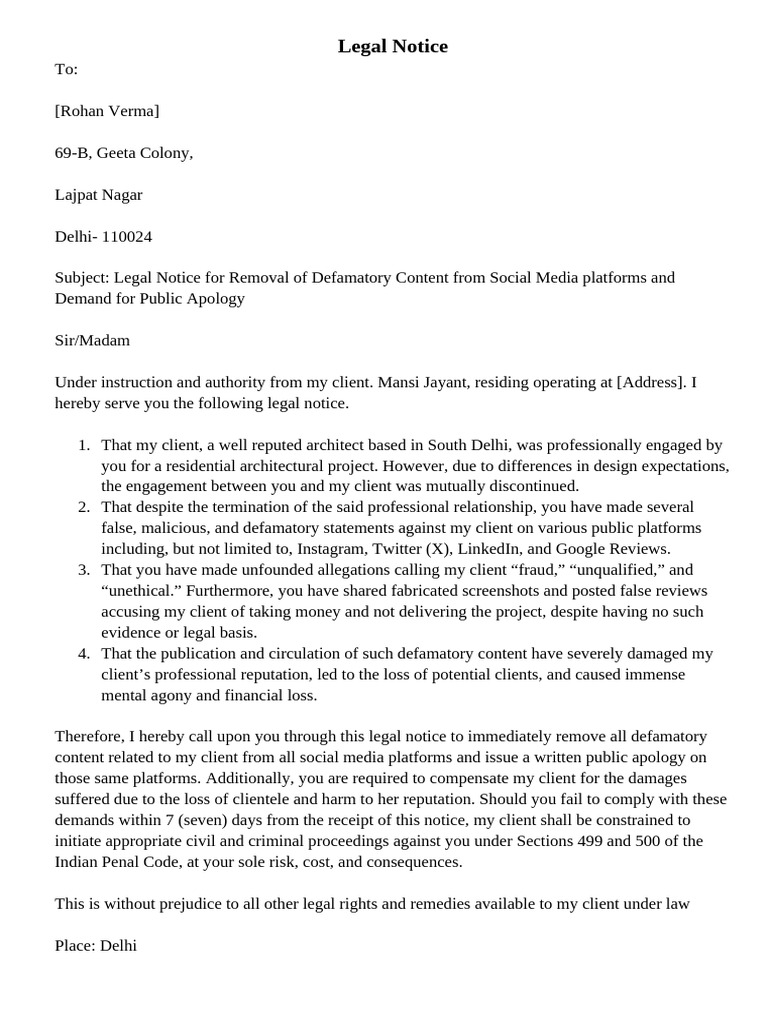 Defamation Legal Notice | PDF