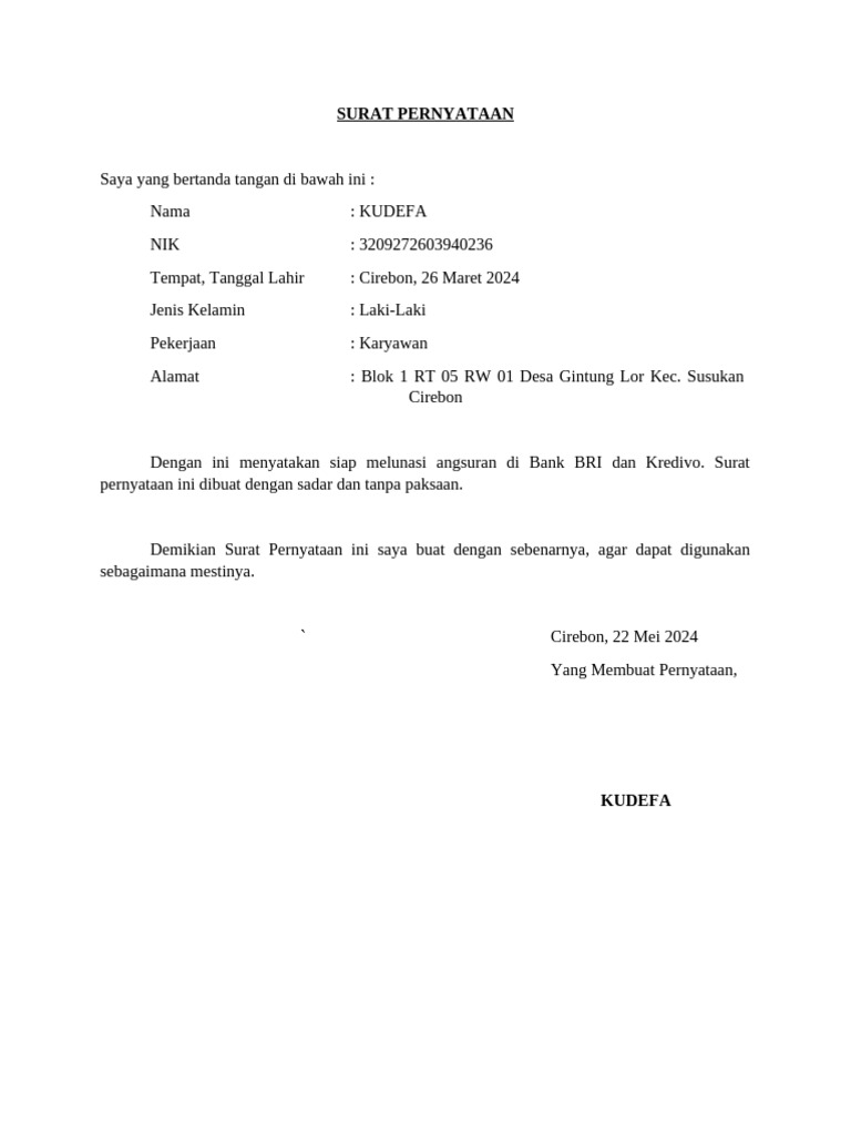 Surat Pernyataan Deva | PDF