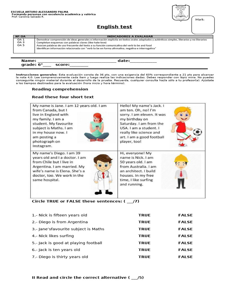 6th Grade English Test Evaluation | PDF | Foods