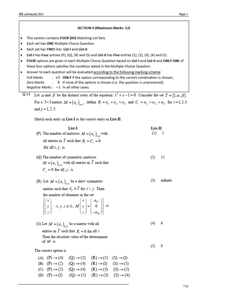 JEE Advanced 2024 Paper 1 Solutions | PDF | Matrix (Mathematics ...