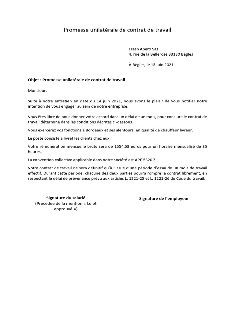 Promesse de contrat de travail chauffeur | PDF