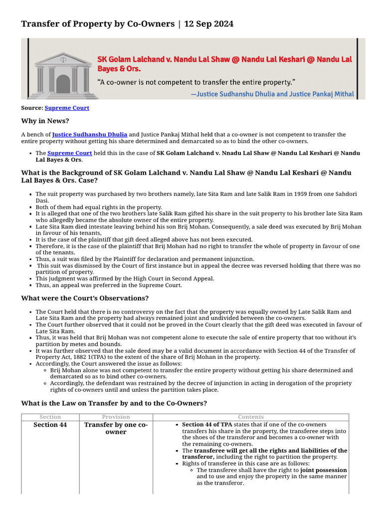 Current Affairs Transfer of Property by Co Owners Print 2 | PDF ...