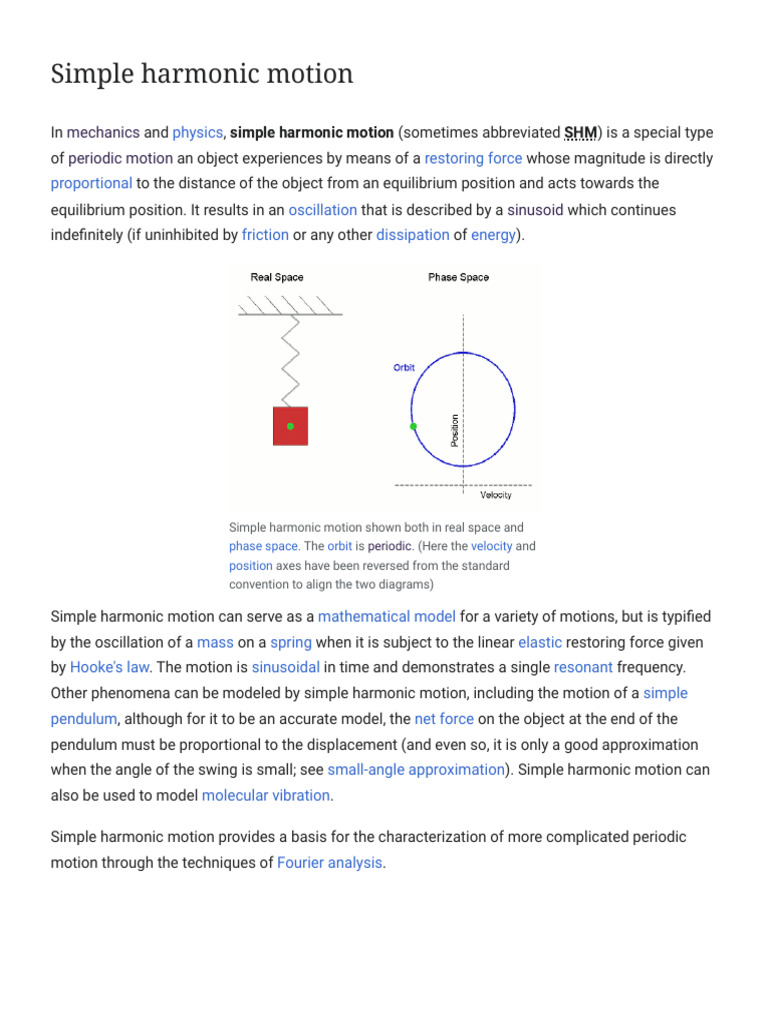 Simple Harmonic Motion - Wikipedia | PDF | Motion (Physics) | Physical ...