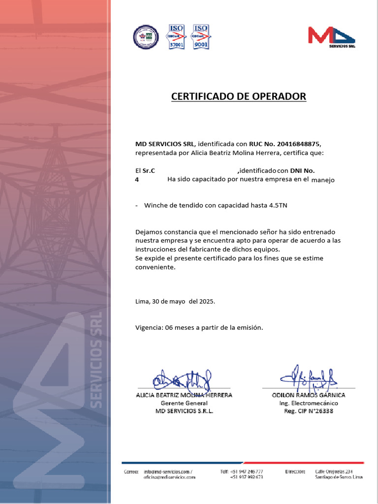 Certificado de Operador Caceres Jair Winchero | PDF