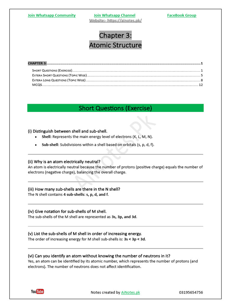 Chapter 3 (Atomic Structure) Class 9 Chemistry FBSIE 2025 | PDF | Atoms | Atomic Orbital