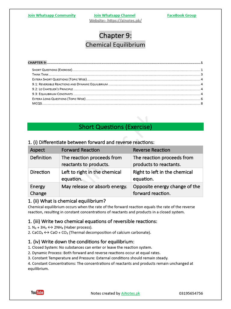 Chapter 9 (Chemical Equilibrium) Class 9 Chemistry FBSIE 2025 | PDF ...