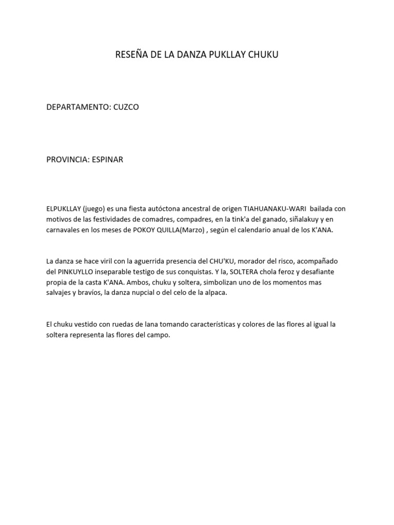 Reseña de la Danza Pukllay Chuku | PDF