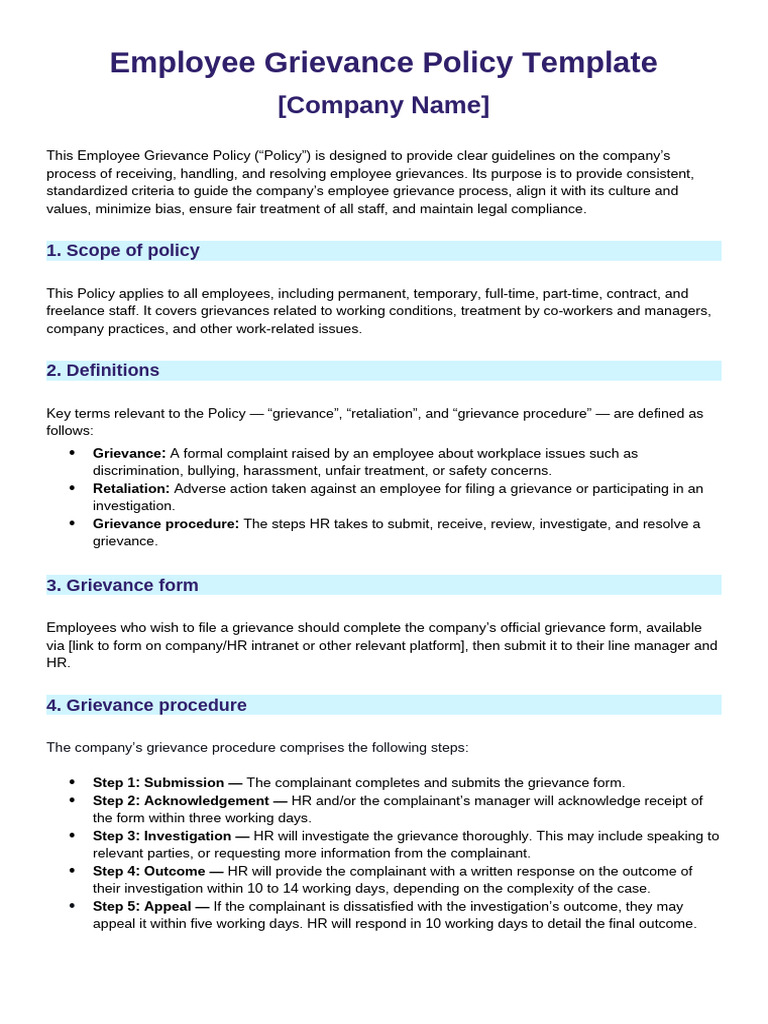 Employee Grievance Policy Template | PDF | Employment | Justice