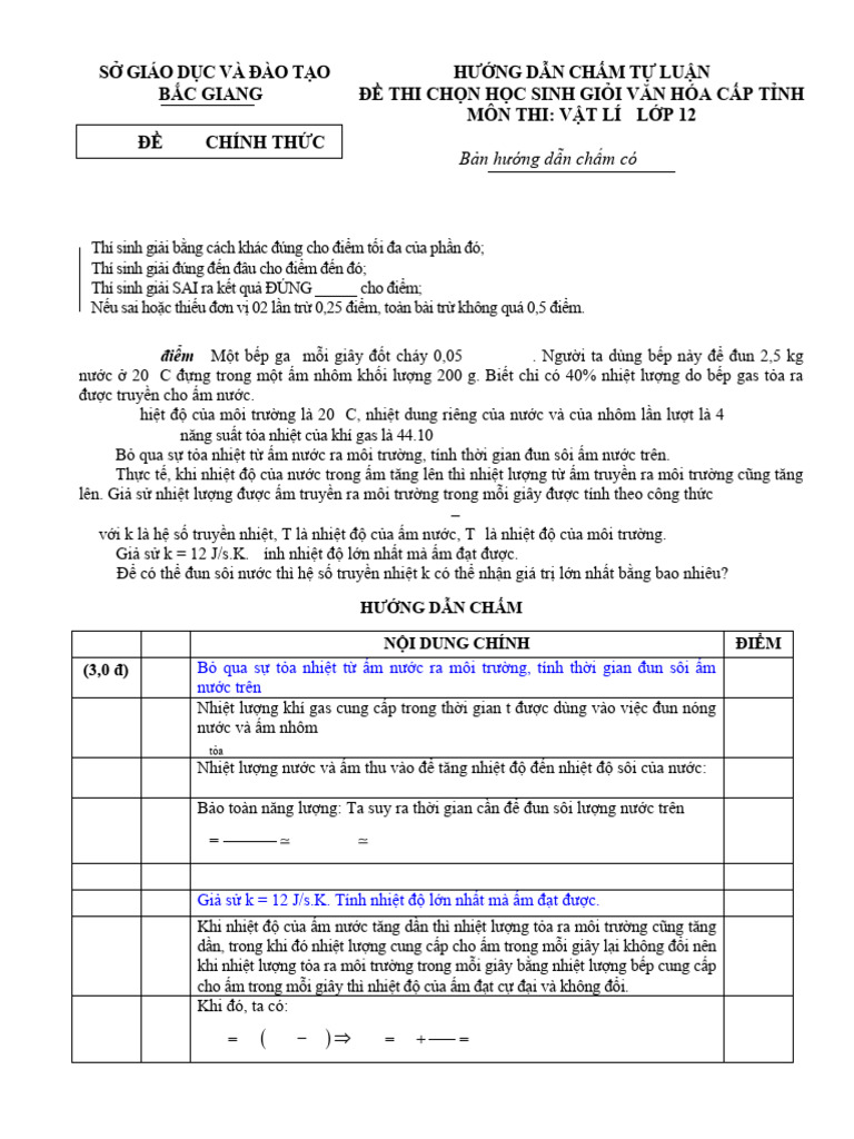 Bắc Giang 12 Đáp Án Tự Luận - Lac Bui | PDF