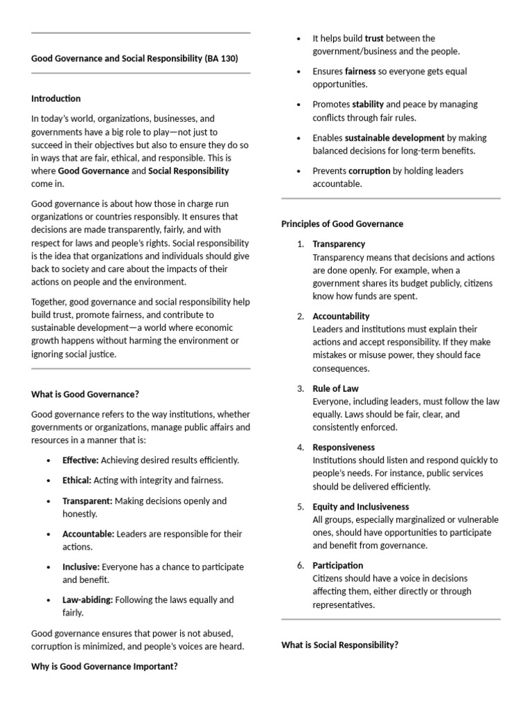 Good Governance and Social Responsibility | PDF | Governance | Good ...