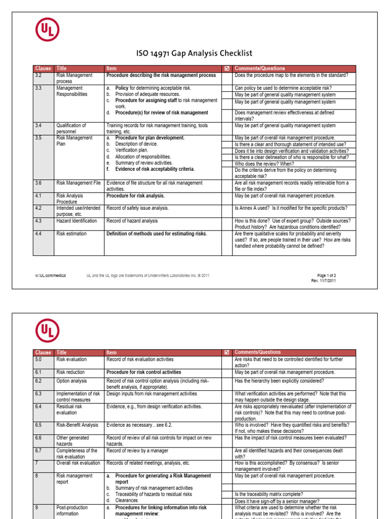 ISO 14971 Gap Analysis Checklist New Brand | PDF | Risk | Risk Management