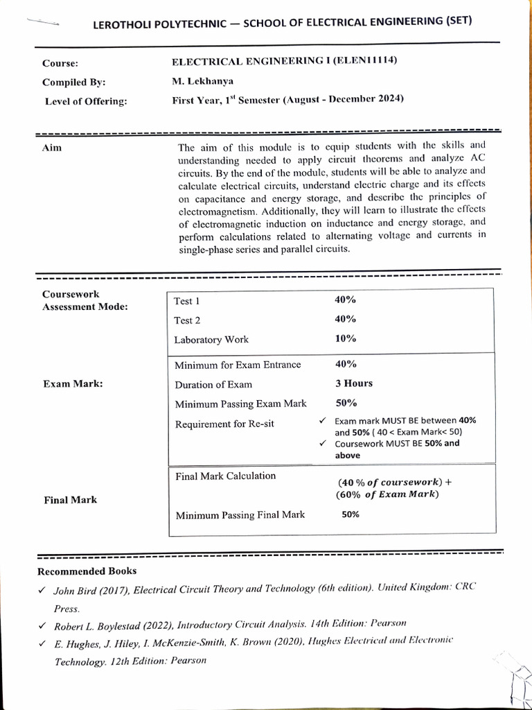 Electrical Engineering I Course Overview | PDF | Electrical Network ...