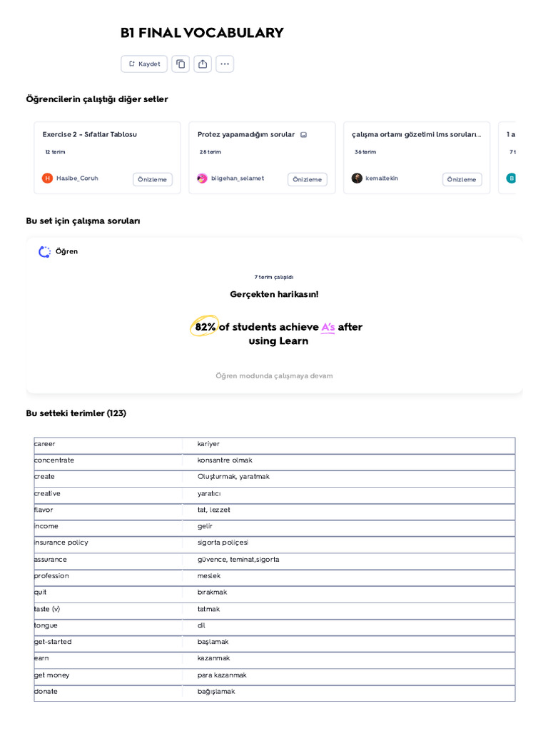 B1 FINAL VOCABULARY - Quizlet | PDF