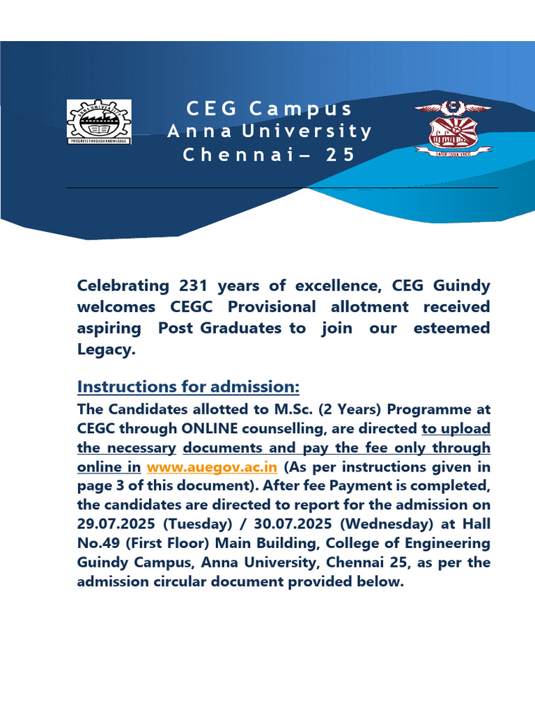 MSc2yr Admission 2025 CEG | PDF | Fee | Password