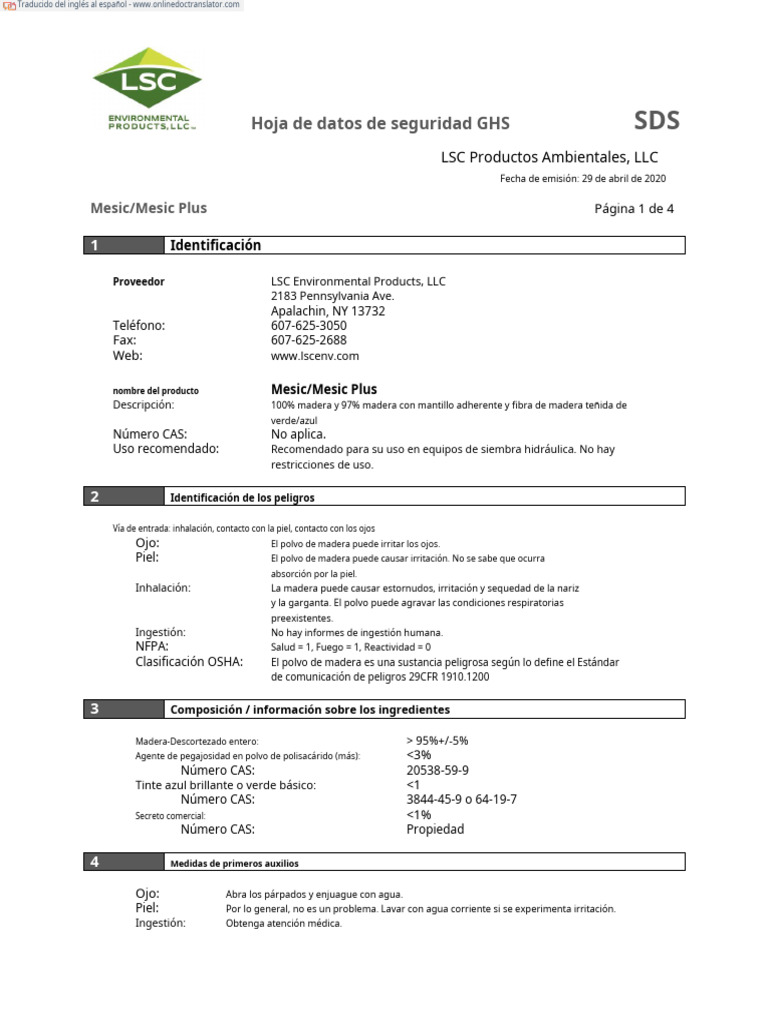 Hoja de Datos de Seguridad Mesic Plus | PDF | Administración de ...