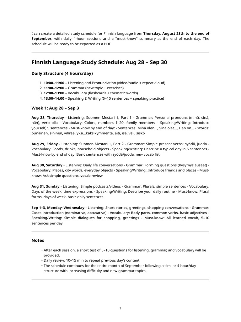 Finnish Language Study Plan: Aug-Sep 2023 | PDF | Vocabulary | Language ...