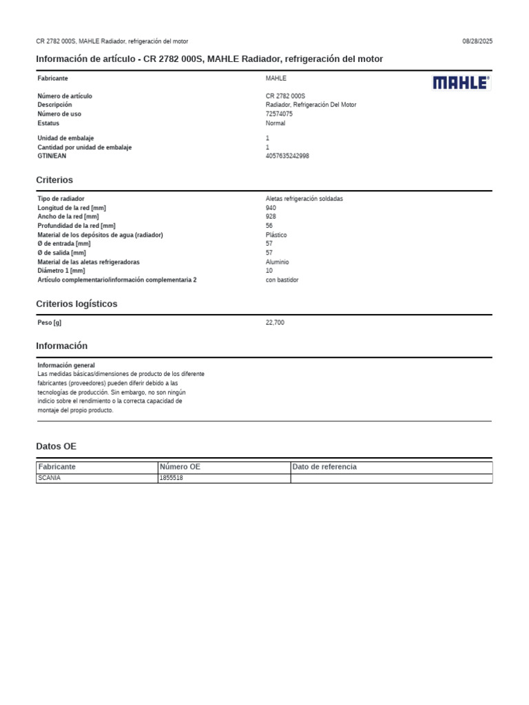 Ficha de Datos Técnicos RAdiador Scania CR 2782 000S | PDF