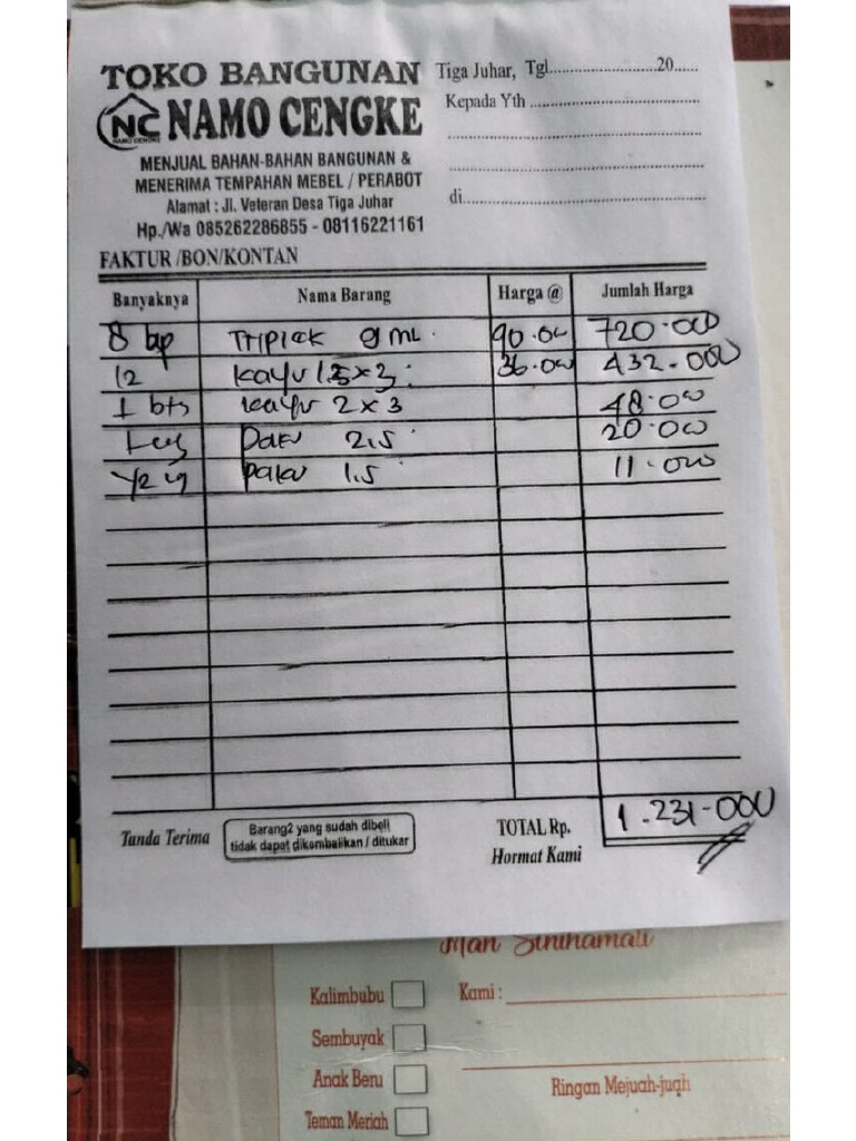 Bon Belanja Renov Panglong Dan Bukti Transfer | PDF