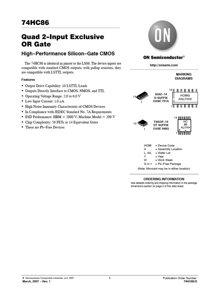 74HC86 Quad 2-Input OR Gate Datasheet | PDF | Cmos | Electronic Design