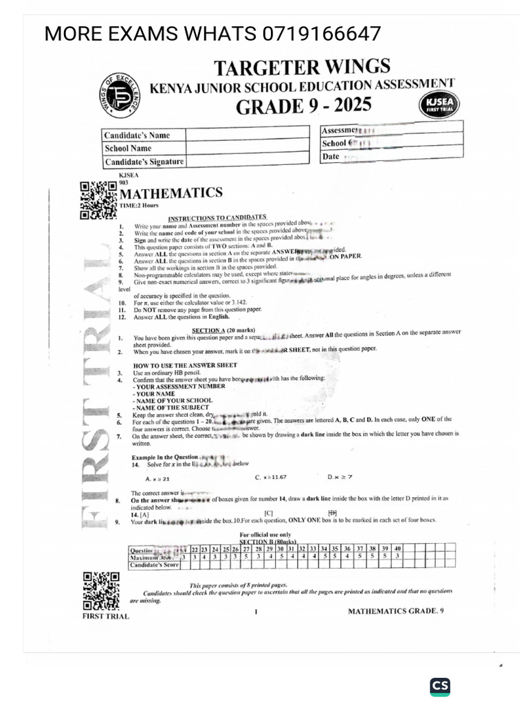 Math Grade 9 Kjsea First Trial0 - Sign | PDF