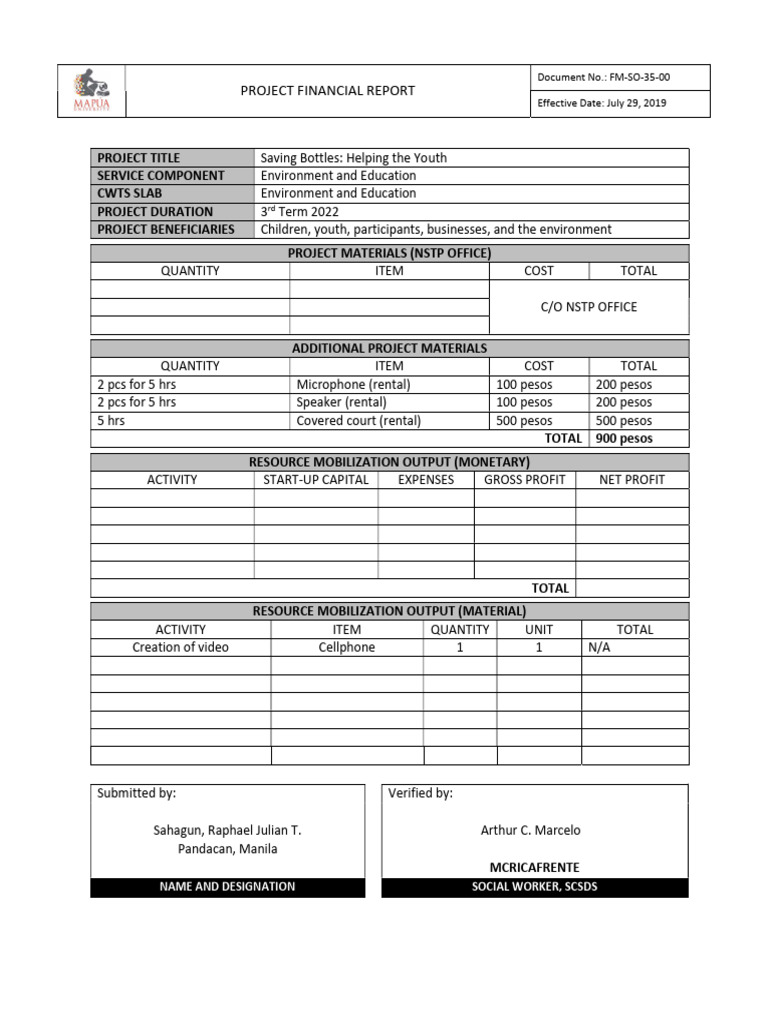 Project Financial Report: Saving Bottles | PDF