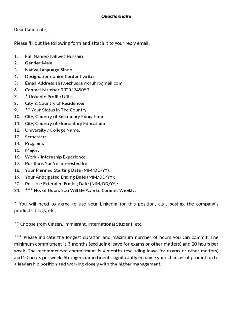 Junior Content Writer Questionnaire | PDF
