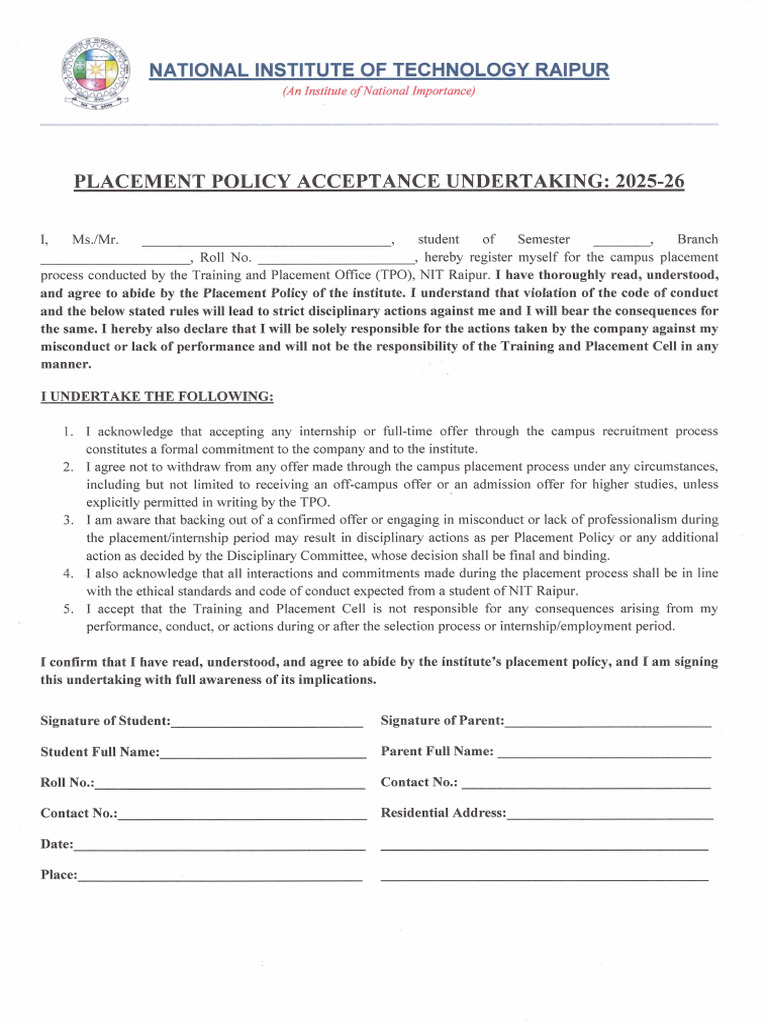 Placement Policy Undertaking | PDF